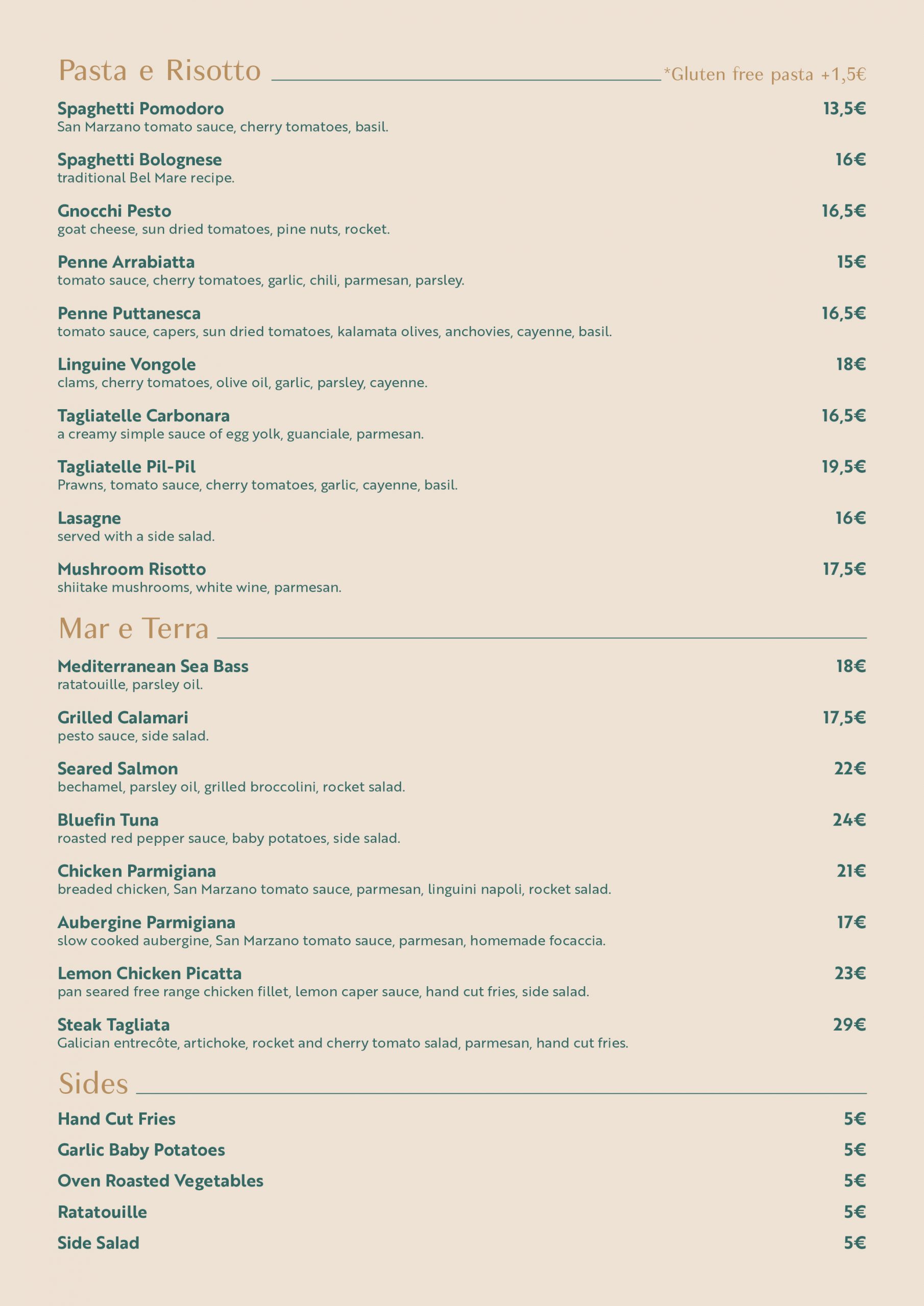 Italian Cuisine Food Menu Marbella